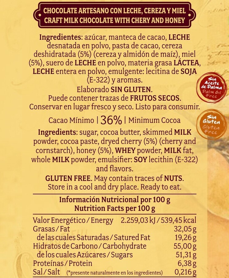 Chocolate artesano con Leche, Miel y Cereza - El Beato